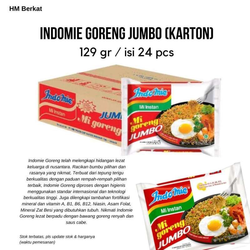 Jual Indomie Goreng (Jumbo) Karton isi 24 pcs @129gr di Seller HM ...