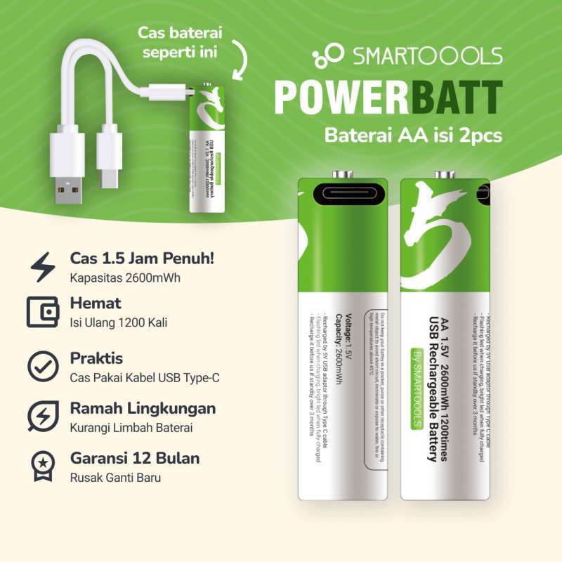 Jual Baterai Cas Isi Ulang 2pcs Smartoools PowerBatt Ukuran AA 1.5V USB ...
