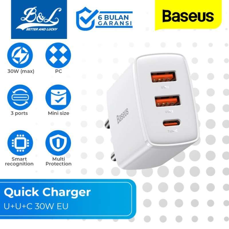 Promo BASEUS Mini Quick Charger 3 Ports 2U+C QC3.0 PD3.0 Fast Charging 30W - Putih Diskon 12% di ...