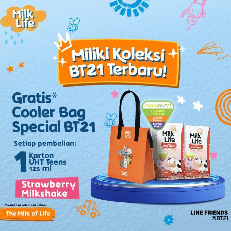 Jual MilkLife Stroberi Milkshake – UHT Kids [125 mL/40 pcs] + Free Cooler Bag Special BT21 di ...