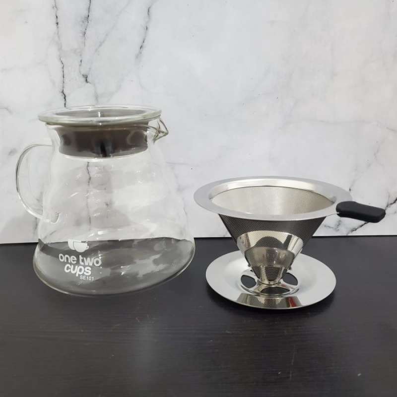 Jual Pour Over kit. Paket V60 01 stainless Double Mesh dan Glass Server ...