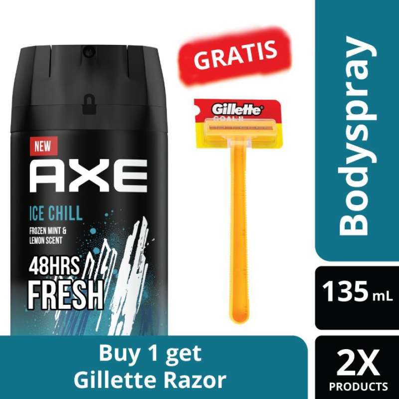 Promo AXE Deodorant Body Spray Ice Chill [135 mL] Free Gillette Razor ...