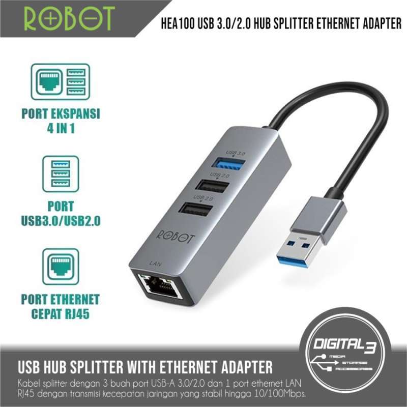 Jual Robot HEA100 USB 3.0/2.0 HUB Splitter With Ethernet Adapter LAN ...