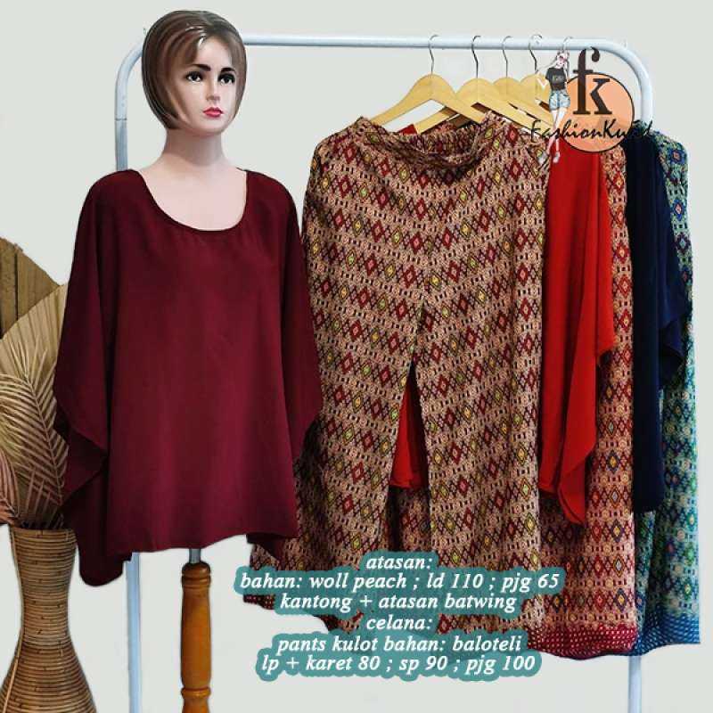 Jual Setelan One Set Atasan Batwing Polos Kulot Celana Panjang Motif ...