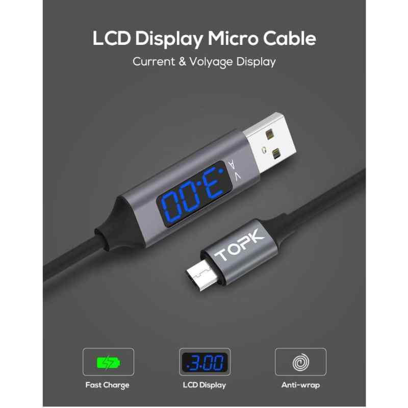 Jual Topk Kabel Data LCD INDIKATOR Micro USB 2.4A 100 CM, Ampere Voltase Monitor, Ampere meter ...