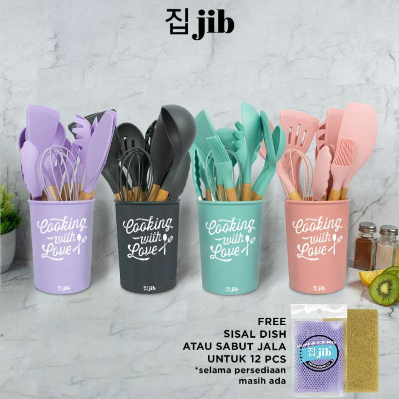 Promo JIB Silicone Utensil Set 12 + Mesh Dish Scrubber / Kitchen ...