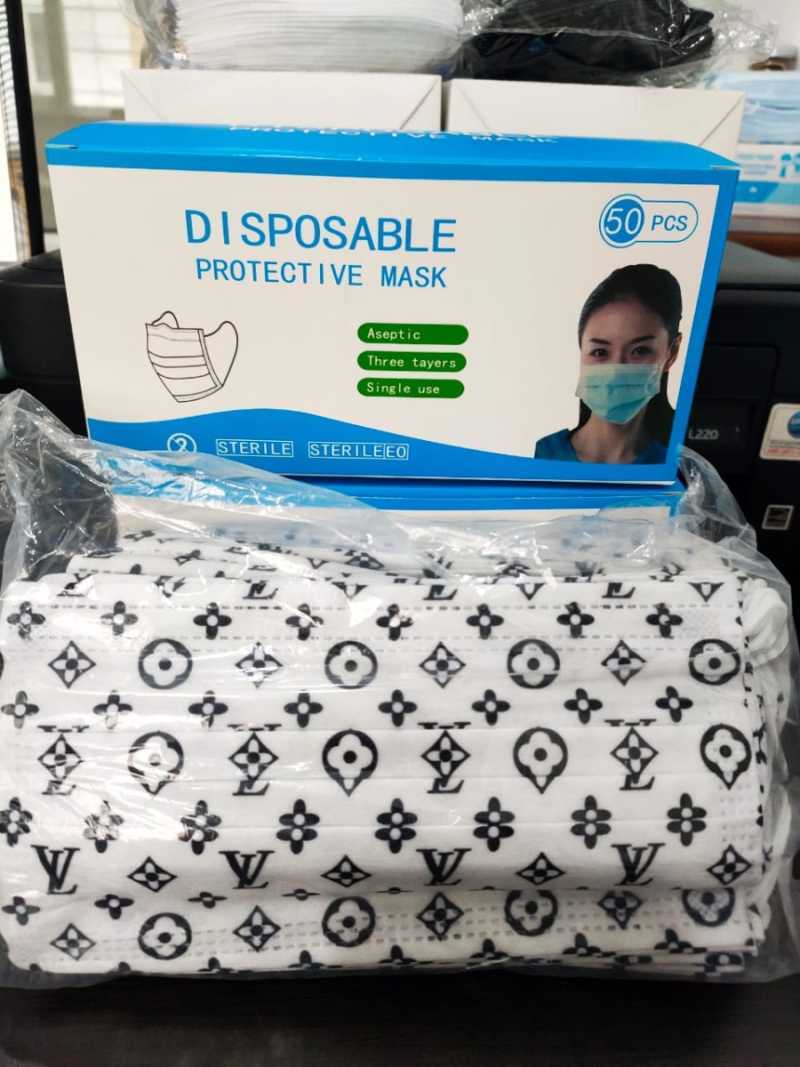 Jual Masker 3 Ply Earloop Motif Lv Putih 3ply Disposable 3 Ply 1 Box