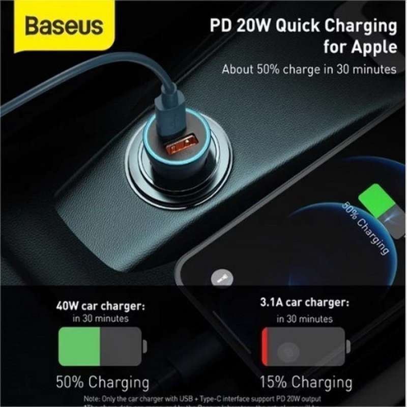 Promo BASEUS CAR GOLDEN CONTACTOR KEPALA CHARGER MOBIL 40W USB + Type C ...