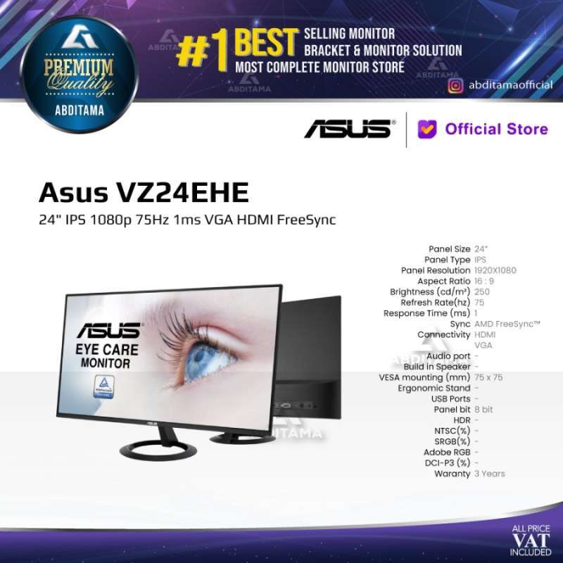 Jual Monitor LED Asus VZ24EHE 24 IPS 1080p 75Hz 1ms VGA HDMI FreeSync ...