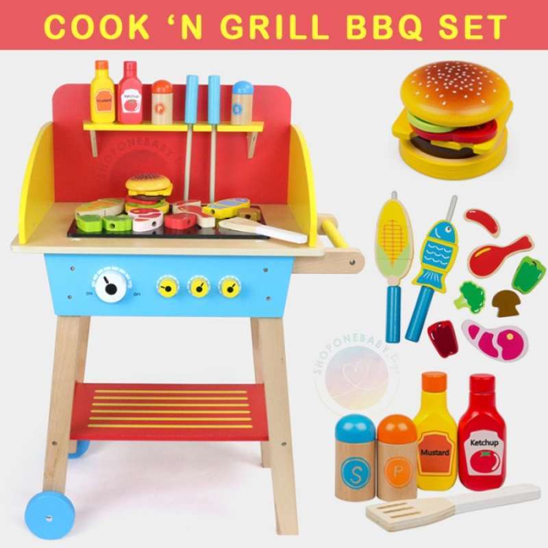 Jual Cook N Grill BBQ Set Barbeque Push Cart Wooden Toy Mainan Gerobak ...