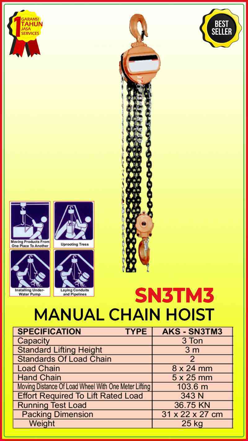 Jual Katrol Kerekan Manual Takel Chain Hoist 3 Ton x 3 meter - SN3TM3 ...