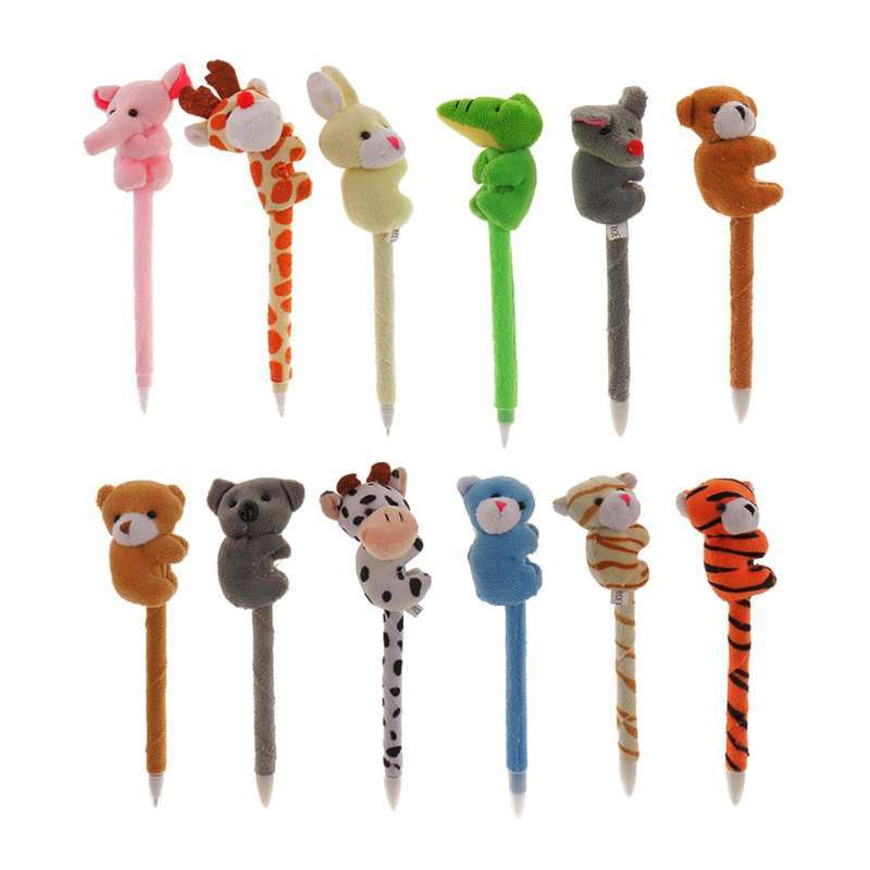 Jual 12 Plush Zoo Animal Pens Ballpoint Fluffy Plushie Pens Kids School ...