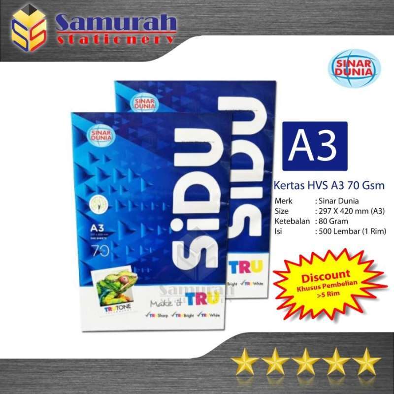 Jual Kertas HVS Sinar Dunia A3 70 Gsm / HVS Sidu A3 70 Gram / Kertas Print Kantor HVS Putih Sidu ...