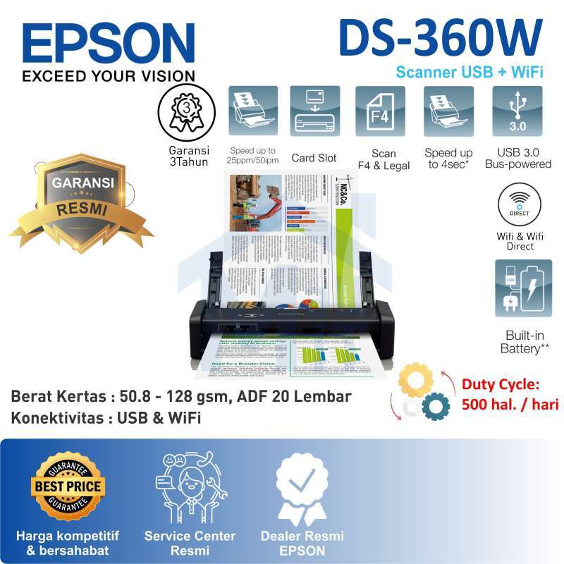 Jual SCANNER EPSON DS-360W DS360W DS 360W PORTABLE F4 LEGAL ADF ...