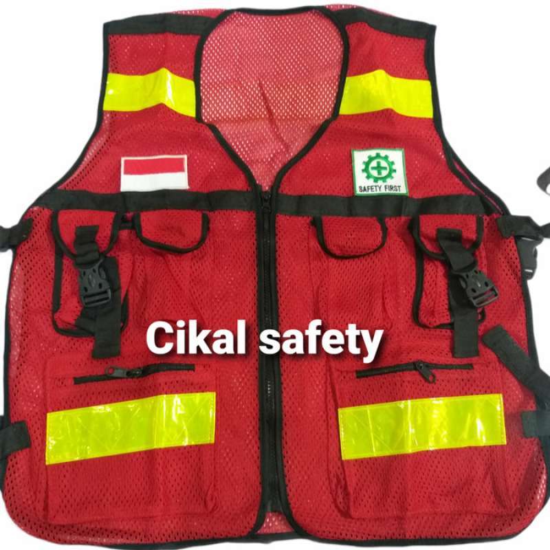 Promo Rompi Safety Jaring 6 Kantong Merah Bordir Logo K3 Bendera Diskon ...