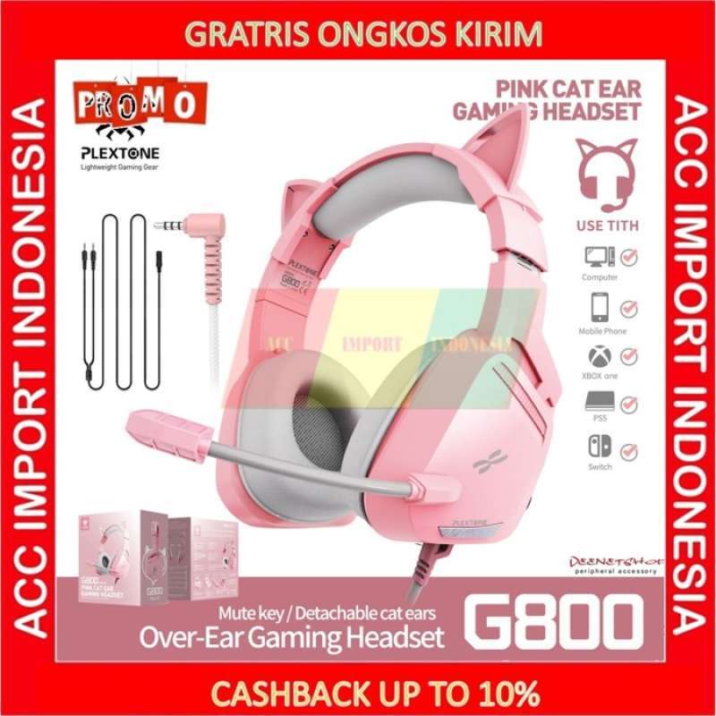 Promo Headset Gaming Pink Headphone Cat Ear Telinga Kucing Mic Single ...