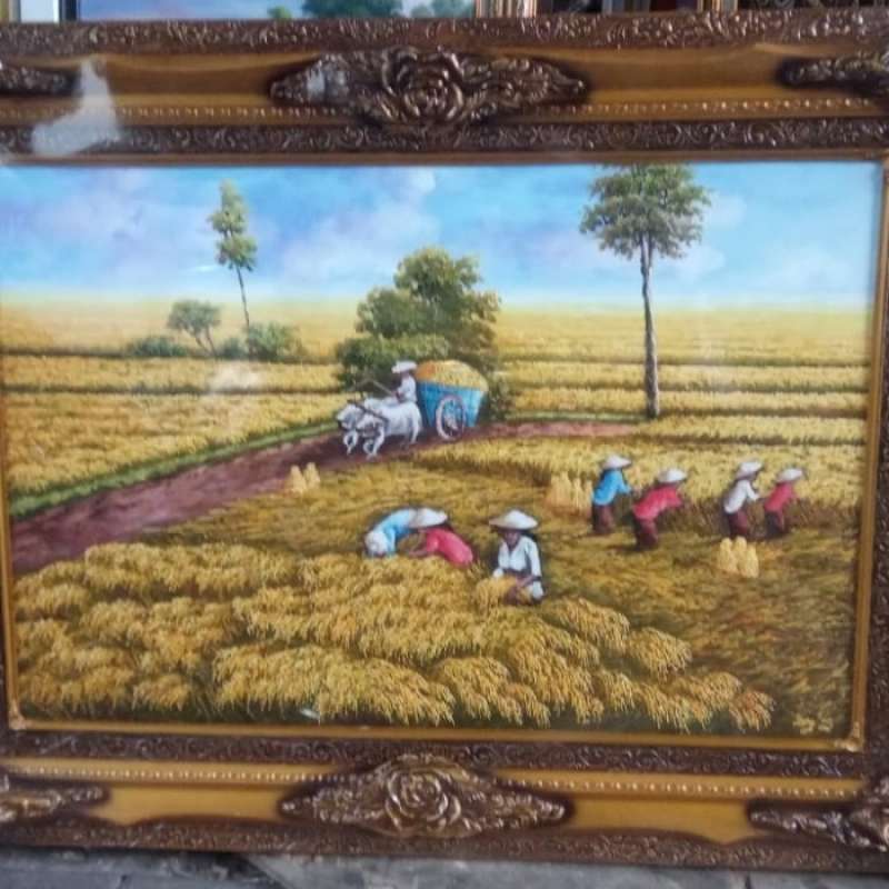 Promo lukisan panen padi palet cat akrilik 60x90 Bingkai frame kayu ...