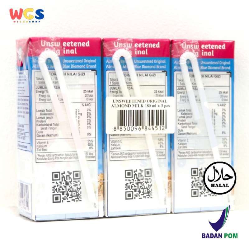 Jual Blue Diamond Almond Breeze Unsweetened Original Almond Milk 3 x 180 ml di Seller WIGHOSHOP ...