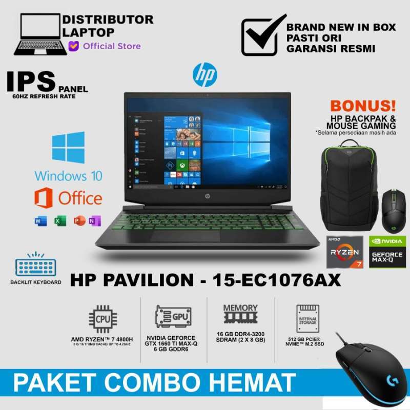 Jual Hp Pavilion Gaming 15 Ec1076ax R7 4800h 16gb 512gb Ssd Gtx 1660ti