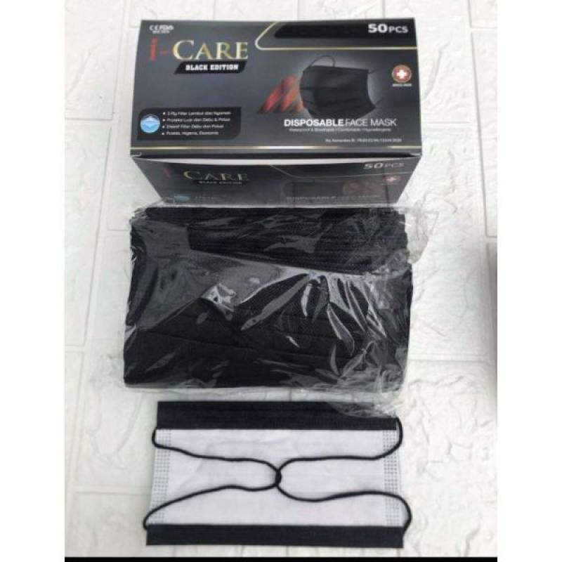 Jual Masker 3 Ply Hijab Headloop Hitam Isi 50 Pcs Medis Merk I-care ...