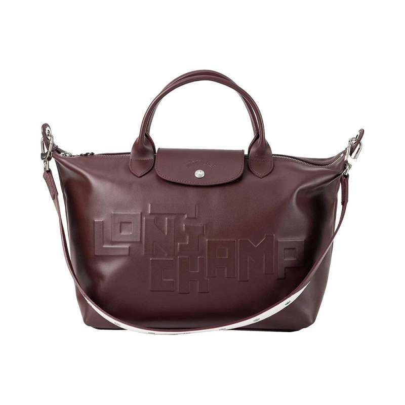 Jual Longchamp Le Pliage Cuir Medium Top Handle Logo Embossed Brandy di ...