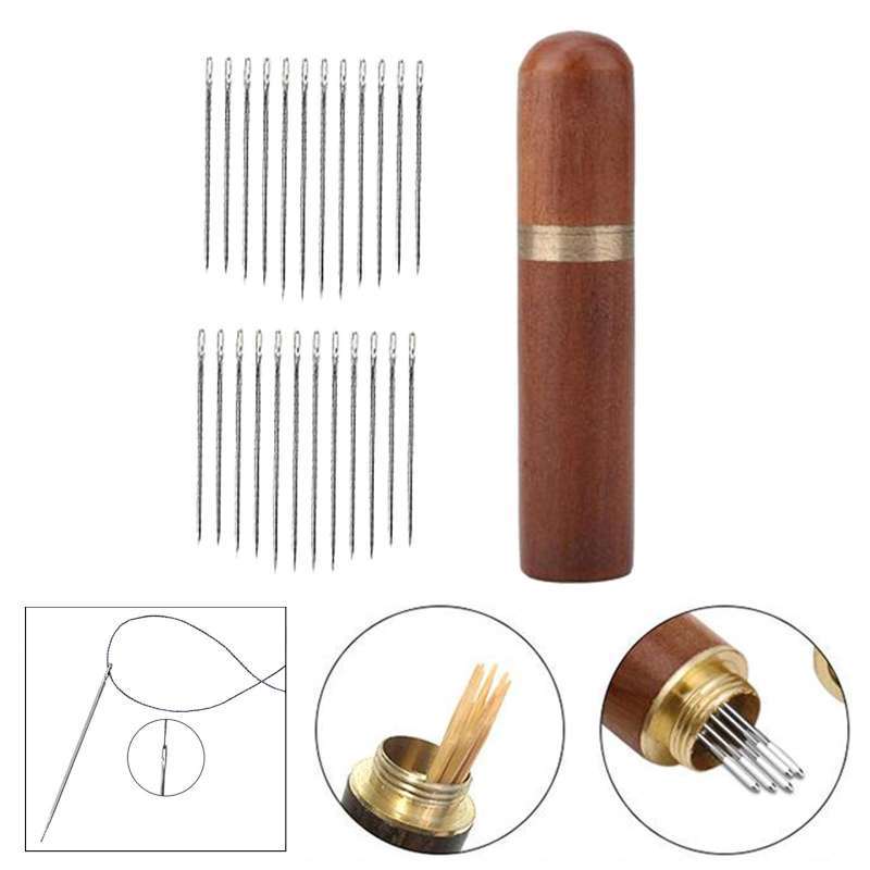 Jual 48 Self Threading Needles Wooden Needle Storage Case Sewing ...