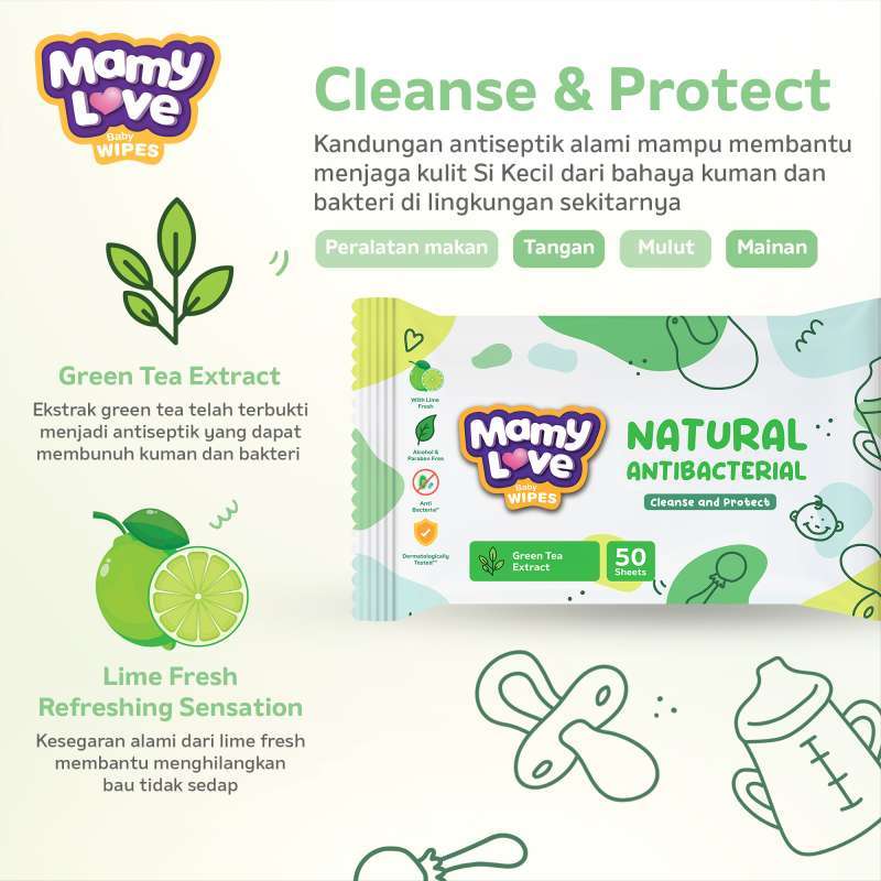 Promo Mamylove Baby Wipes Natural Antibacterian Greentea Extract & Lime ...