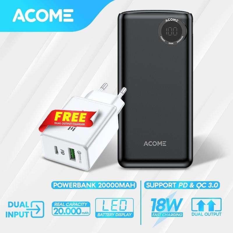 Jual ACOME Powerbank 20000mAh Fast Charging LED Display Dual input AP202 - Free Charger di ...