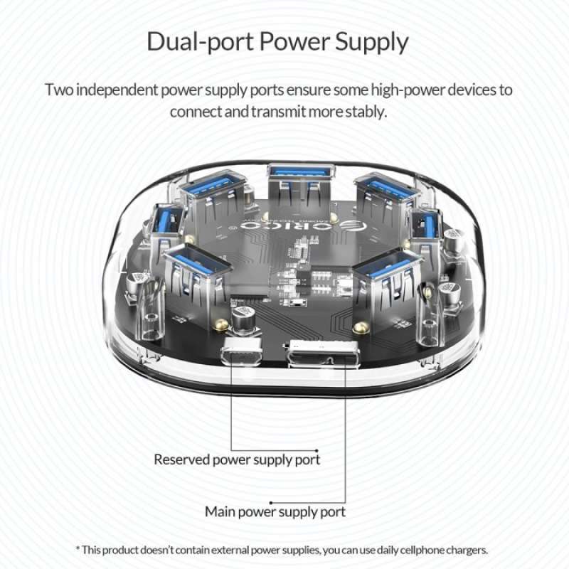 Jual Usb hub 3.0 orico 7 port round transparent 5Gbps 100cm cable H7u ...