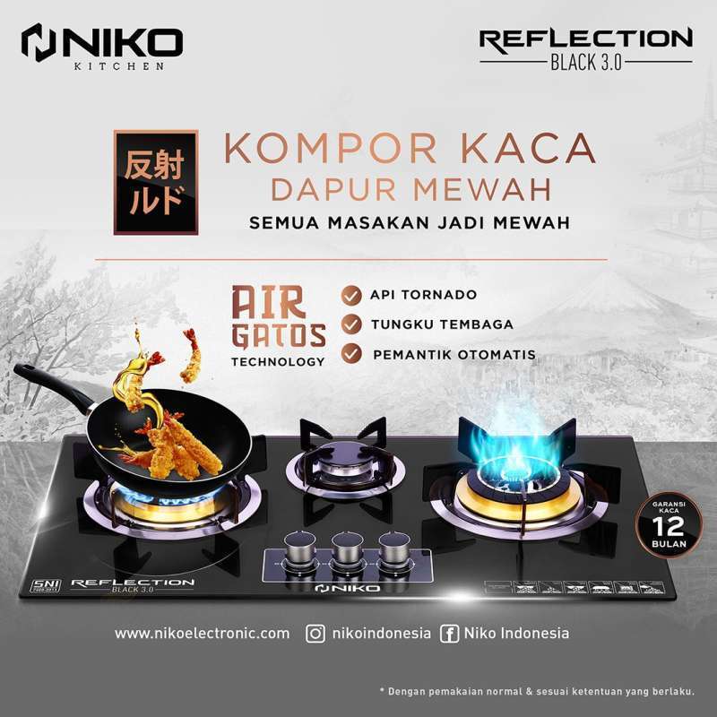 Jual Niko Kompor Gas 3 Tungku REFLECTION BLACK Kompor Tanam Kaca di ...