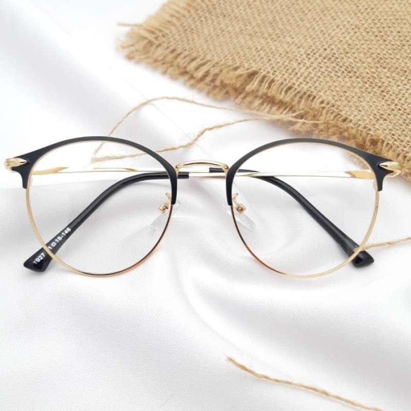 Promo Frame Kacamata Wanita Korea AE90HG Bulat Besi Minus Hitam Gold di ...