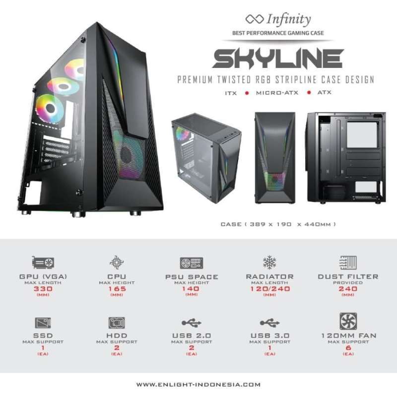 Jual INFINITY SKYLINE Tempered Glass RGB Front ATX Mid Tower Case 1x ...