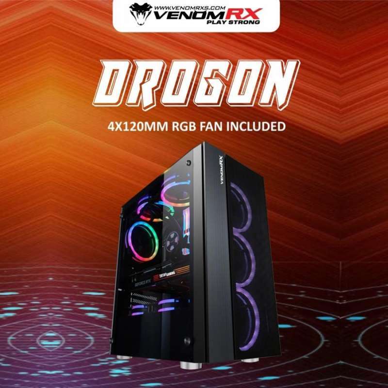 Jual VenomRX Drogon ATX Tempered Glass ATX Casing PC CASE 4x120 RGB Fan ...