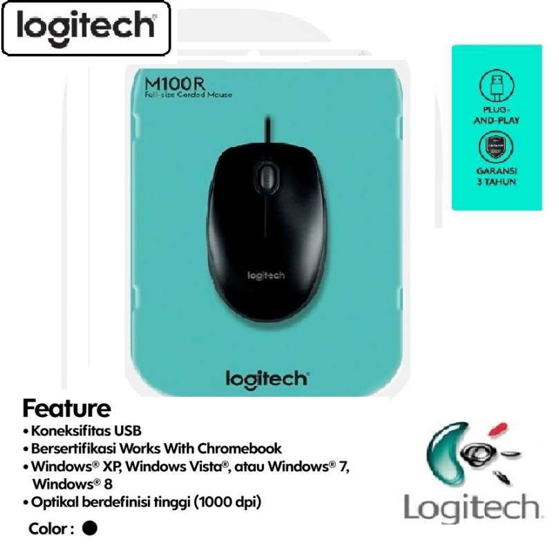 Jual Logitech M100r Mouse USB Optical Wired Clamshell Mouse -Black- di ...