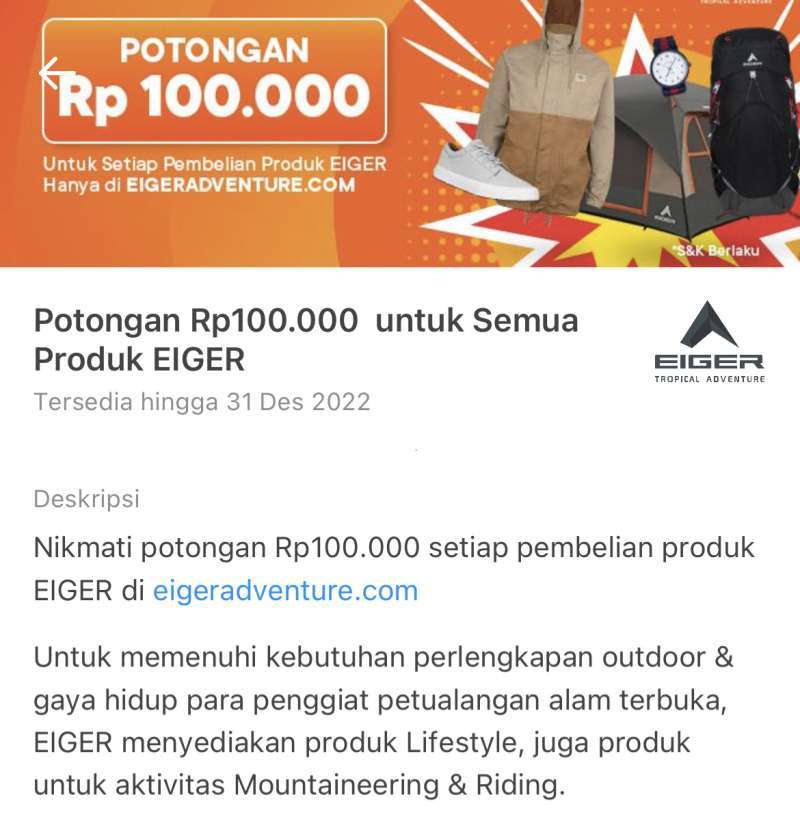 Jual Voucher Eiger 100 Ribu Di Seller Mark Slash - Kranji, Kota Bekasi ...