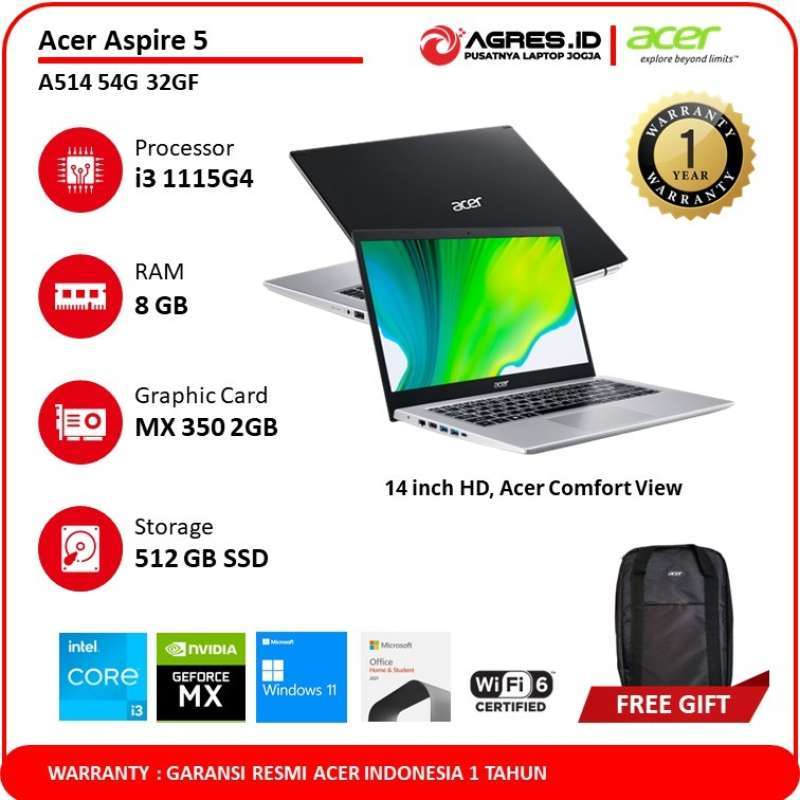 Promo Acer Aspire 5 A514 54G 32GF | i3 1115G4 8GB 512ssd MX350 2GB W11+OHS 14.0 BLK Diskon 12% ...