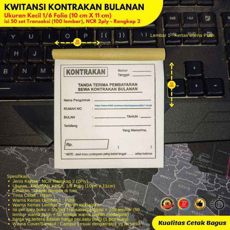 Jual Kwitansi Kost Kontrakan Rumah Petak Bulanan Ukuran Kertas Kecil 1/ ...