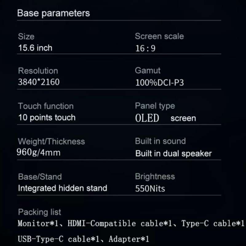 Jual Monitor Portable Oled 15.6 Inch 3840x2160 4k Touch Screen With ...