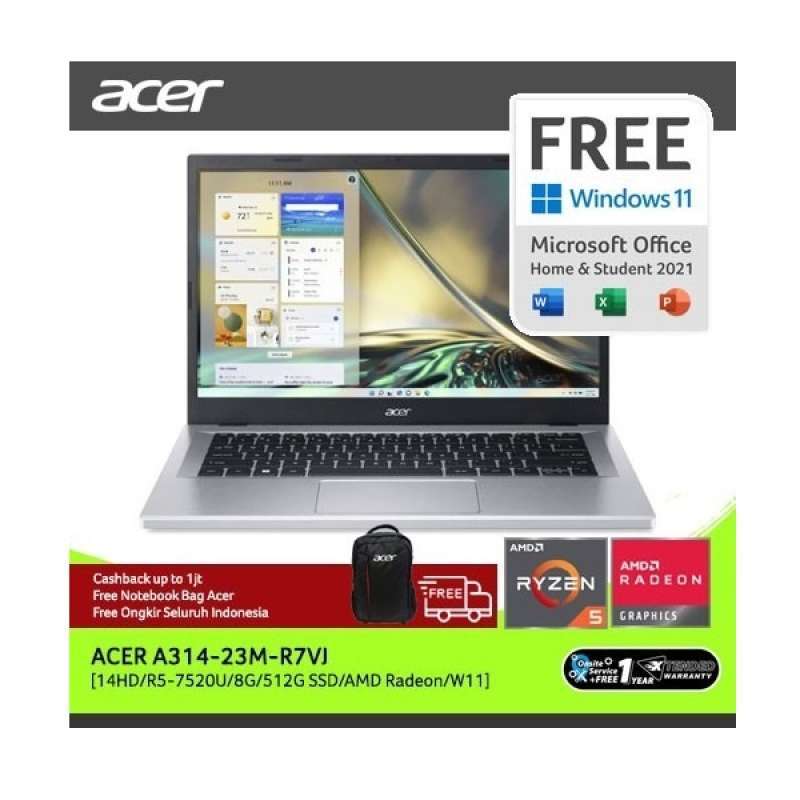 Jual Acer Aspire 3 A314 23m Ryzen 5 7520u 8gb 512gb Ssd W11 Ohs 14 Hd ...