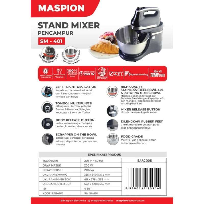 Jual Mixer Maspion-Stand Mixer 4.2L Sm-401 Stainless di Seller Blirder ...