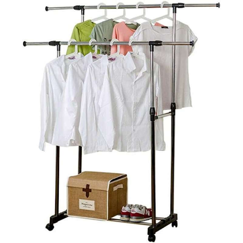 Promo Stand Hanger Double Rak Serbaguna 4 Roda Stainless Steel Baju ...