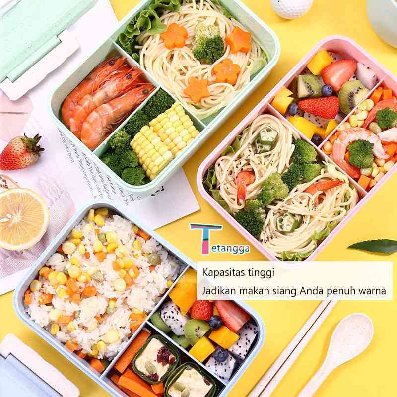 Jual COD Lunch Box Set Kotak Bekal Makan Jerami Gandum kotak makan 1000ml 4 In 1 Free Sendok ...