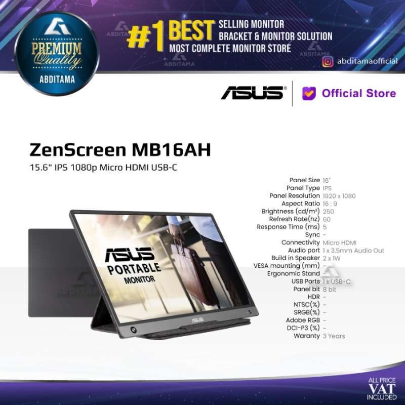 Jual Monitor LED Asus ZenScreen MB16AH 15.6 IPS 1080p Micro HDMI USB-C ...