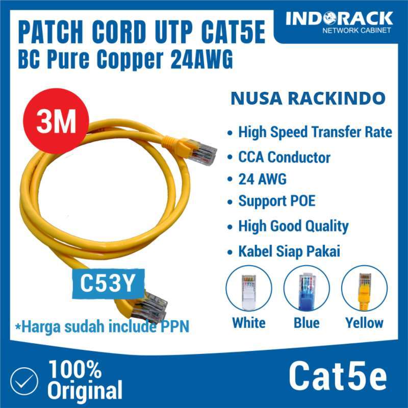 Promo C503Y - PATCH CORD 3 METER UTP CAT 5e 24AWG BC (Pure Copper) KABEL LAN KUNING INDORACK ...