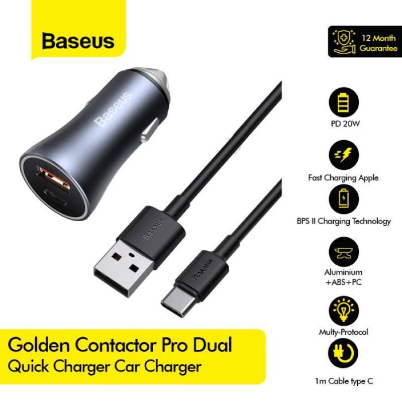 Jual Baseus Car Charger Mobil 2 Port Usb+type C Golden W/ Kabel Type C ...