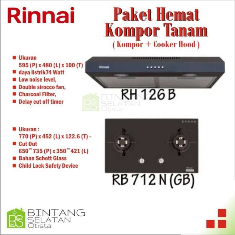 Jual PAKET RINNAI KOMPOR TANAM RB 712 N WITH COOKER HOOD RINNAI RH 126 ...