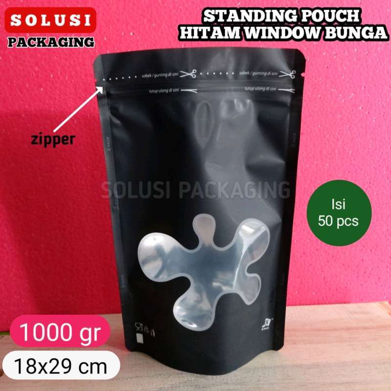 Jual ISI 50 PCS Standing Pouch HITAM WINDOW 1Kg Kemasan Aluminium Foil ...