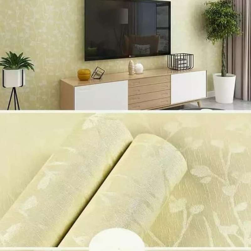 Promo Wallpaper Sticker Dinding Krem Polos Tekstur Salur Bunga Diskon 5 ...