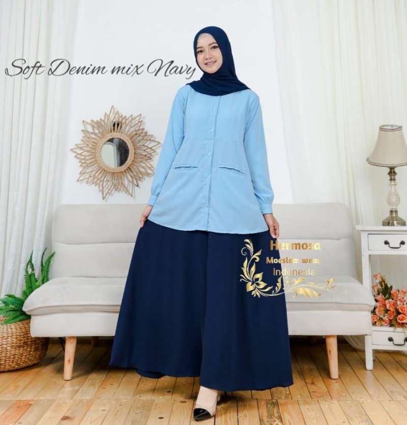 Jual Hermosa-gamis Kantor Biru Denim Mix Navy-pakaian Kantor Biru Mix ...