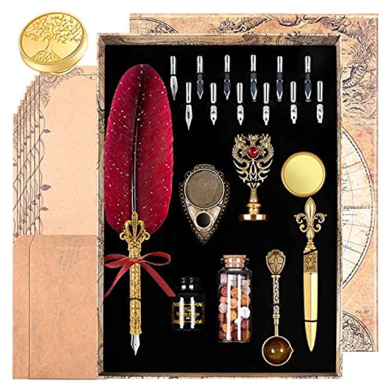 Jual Feather Calligraphy Pen Ink Set,Includes Feather Dip Pen,Ink,12 ...
